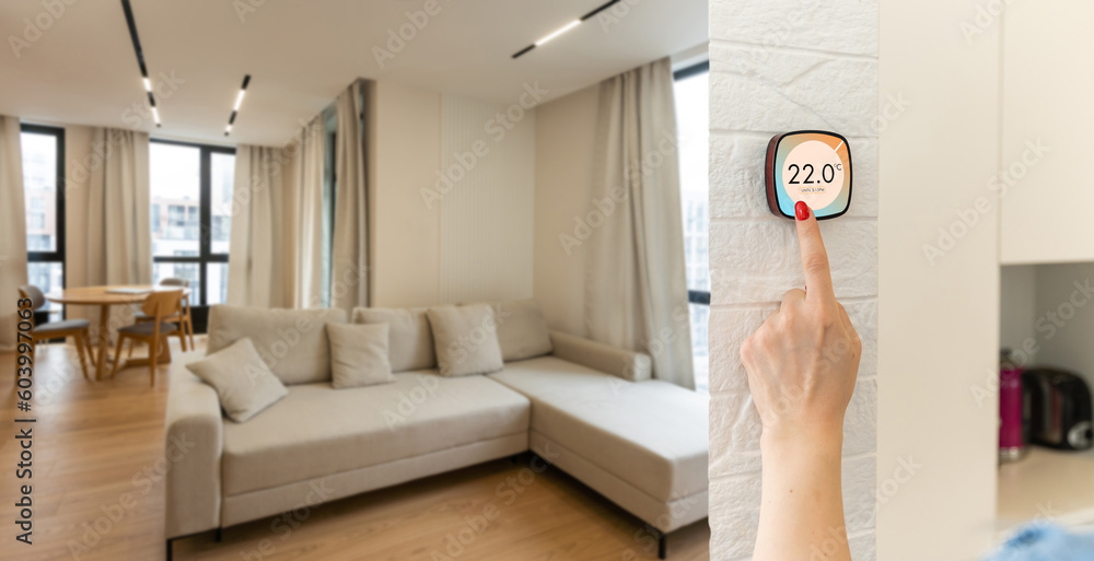 Thermostat indoor smart home in house system for temperature. Winter ...