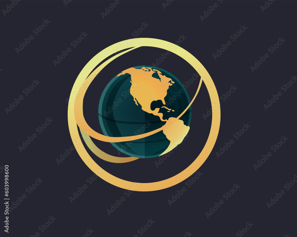 earth globe icon with golden rings , World icon surround by golden ...