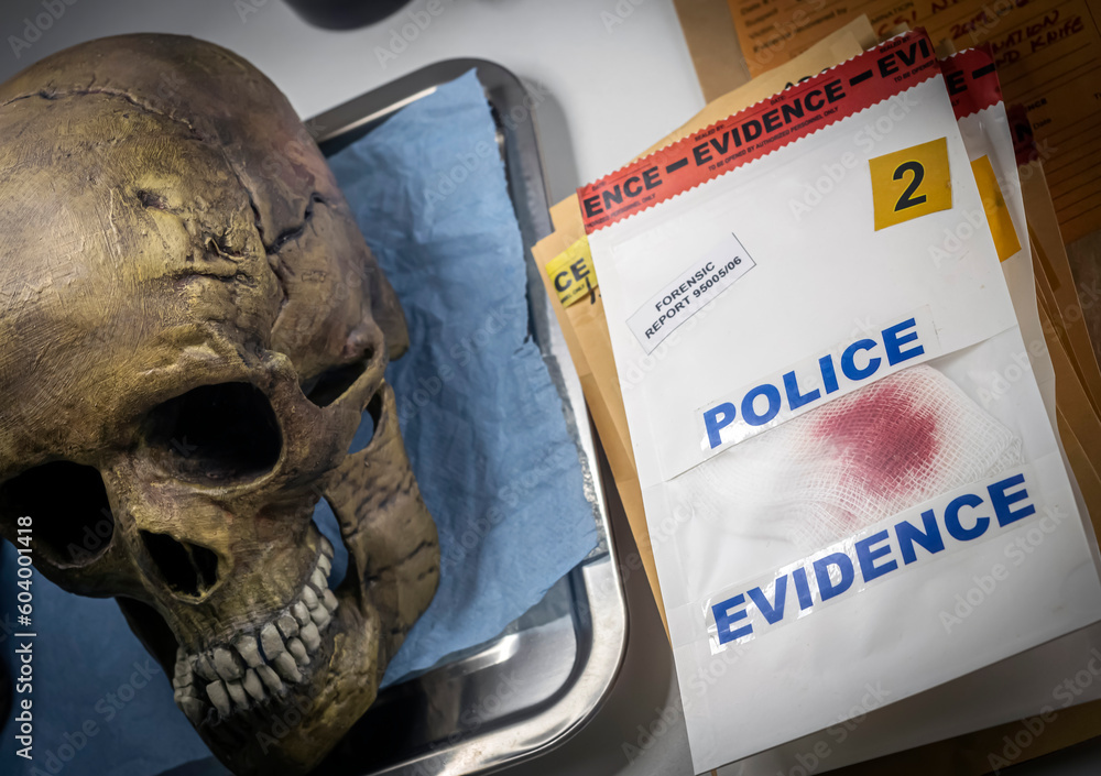 Human blood-stained bandage in evidence bag next to skull of middle ...