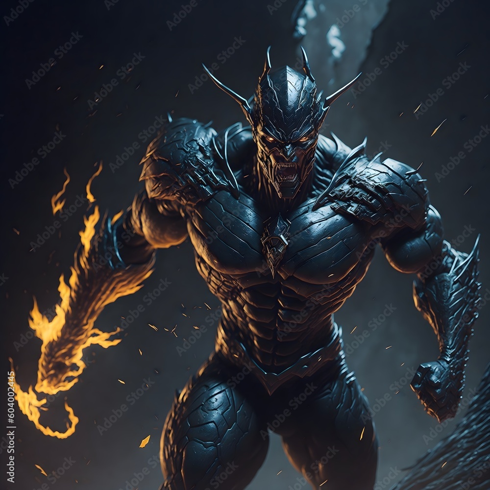 The angry black demon in the iron fists and fire, he has an athletic ...