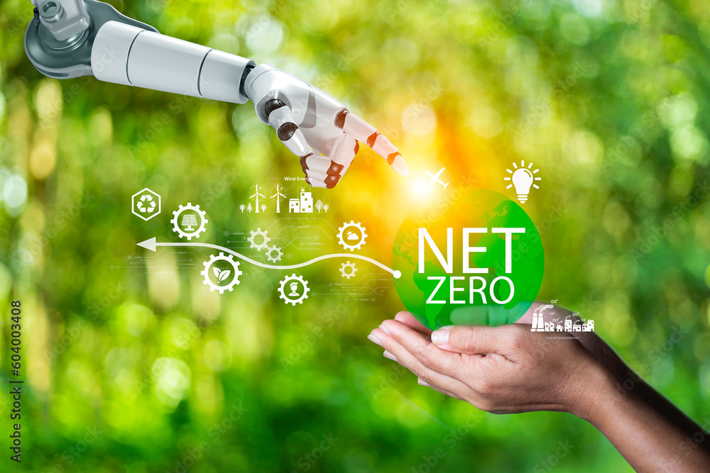 Net zero concept. AI,Machine learning, Robotic hand and human touch Net ...
