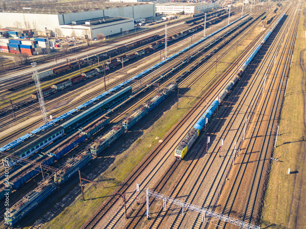 Cargo trains. Aerial view of colorful freight trains. Railway station ...