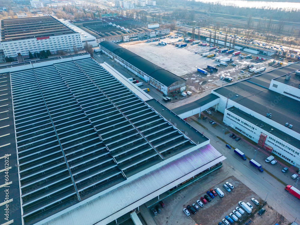Aerial view of goods warehouse. Logistics center in industrial city ...