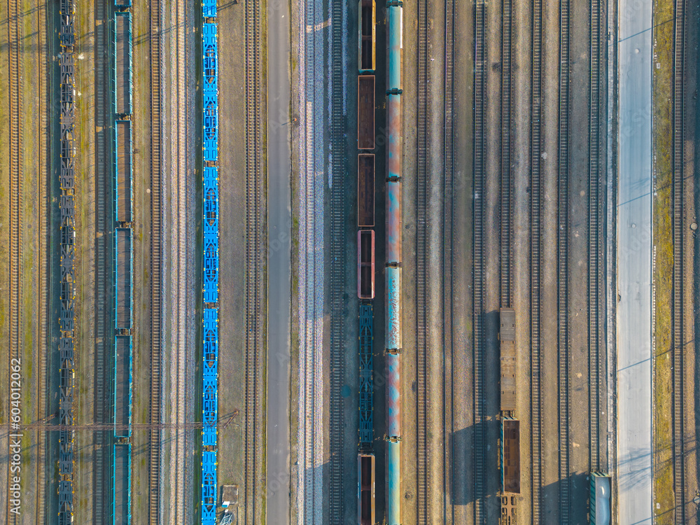 Cargo trains. Aerial view of colorful freight trains. Railway station ...