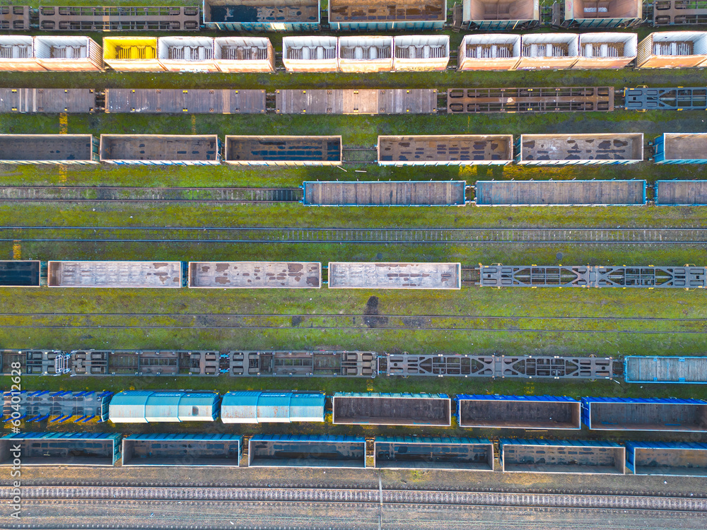 Cargo trains close-up. Aerial view of colorful freight trains on the ...