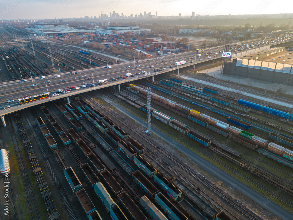 Cargo trains close-up. Aerial view of colorful freight trains on the ...