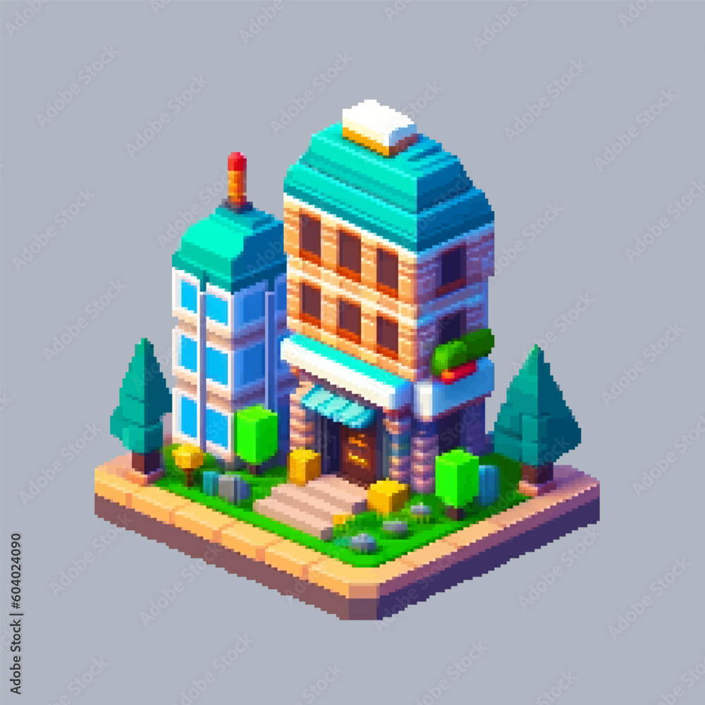 Three-dimensional projection pixel 8-bit art view of the city. 3D ...
