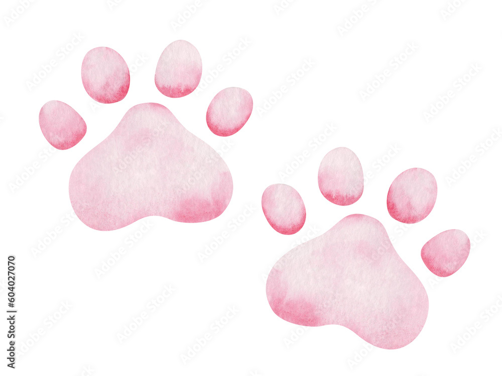 Watercolor illustration. Hand painted pink paw print of kitten, puppy ...