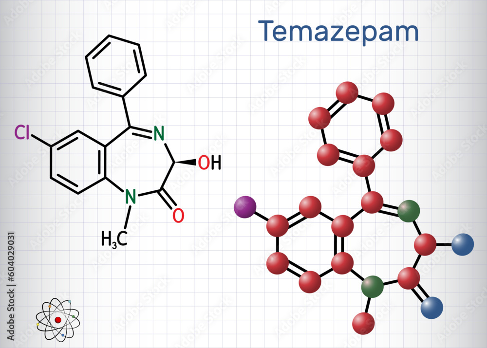 Temazepam drug molecule. It is benzodiazepine, used to treat panic ...