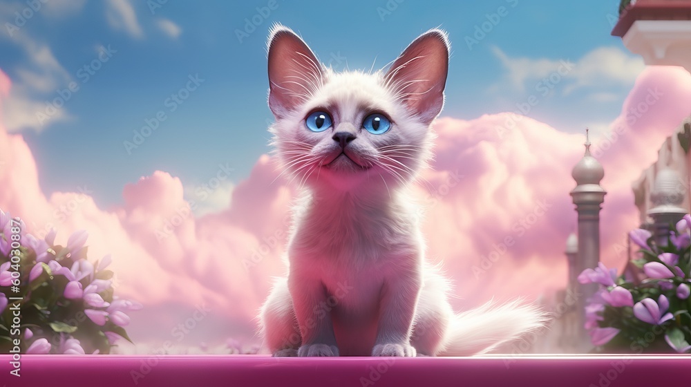 cute kitten, Siamese cat, pink cat, pink fantasy background, pink cloud ...