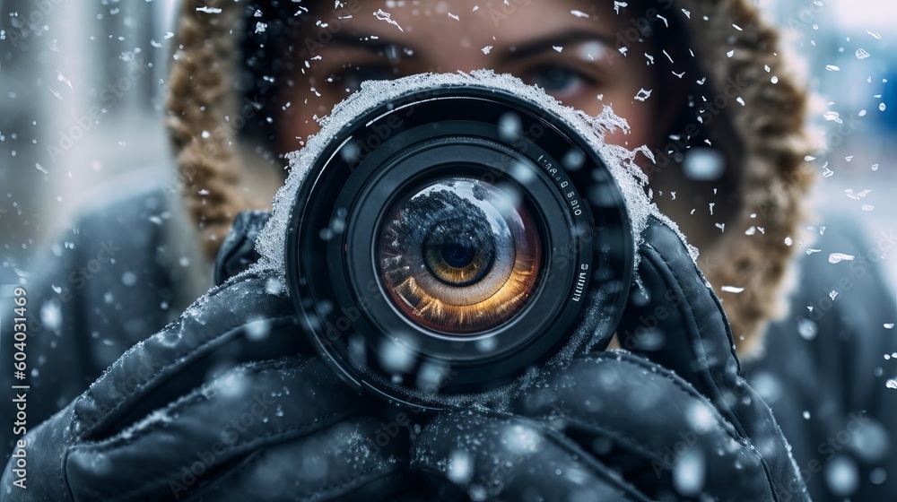 disaster reflecting on the lens, close-up lens, snowfall, photographer ...