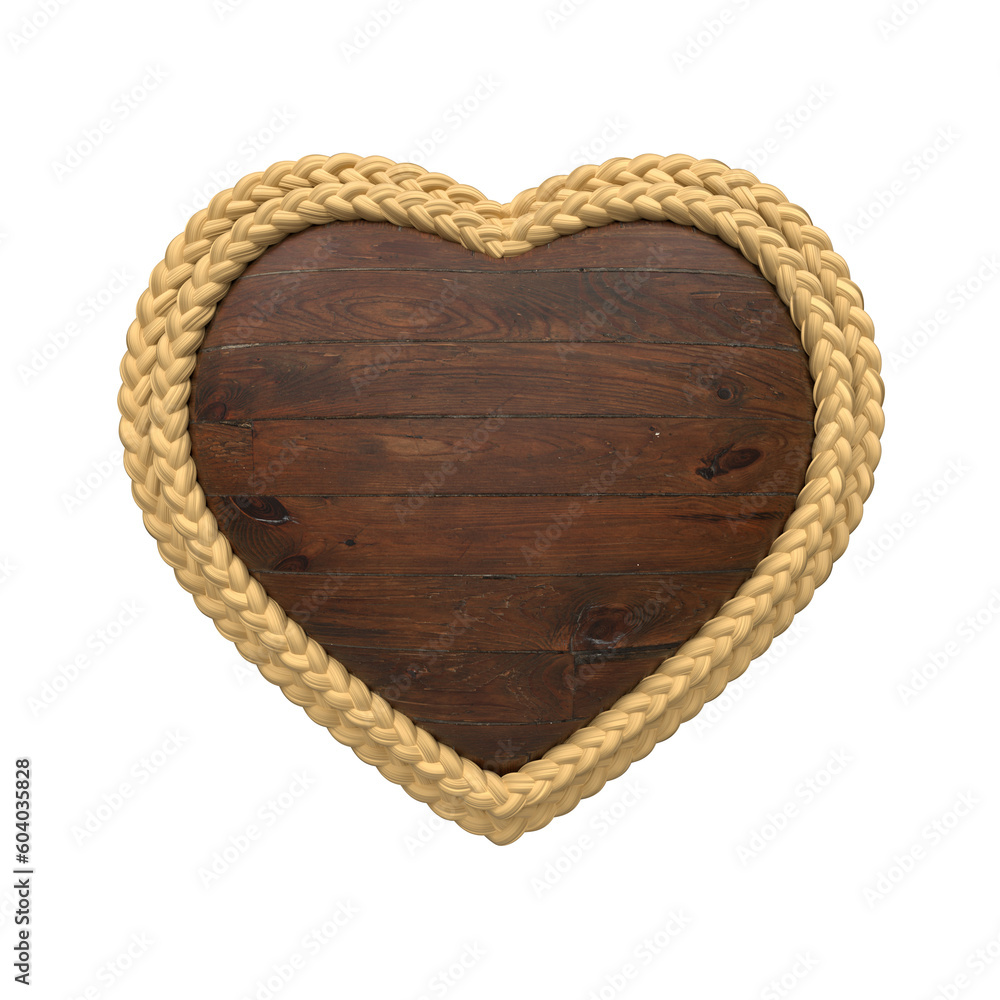 render realistic wooden heart with rope and lights on transparent ...