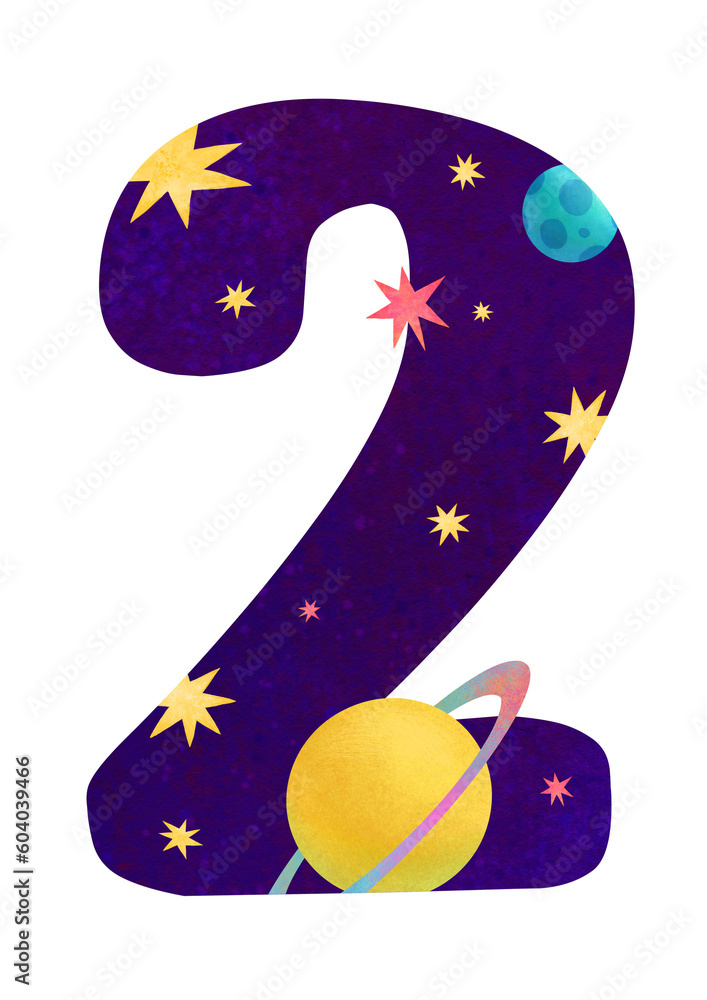 Number two (2). Space theme. Colorful children hand drawn illustration ...