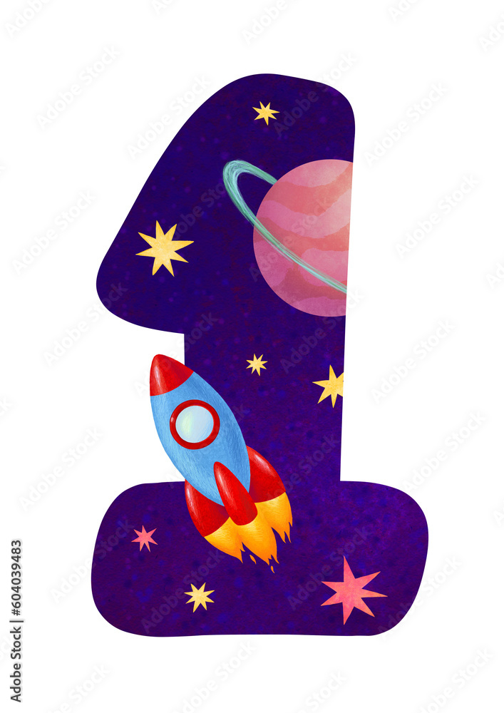 Number one (1). Space theme. Colorful children hand drawn illustration ...