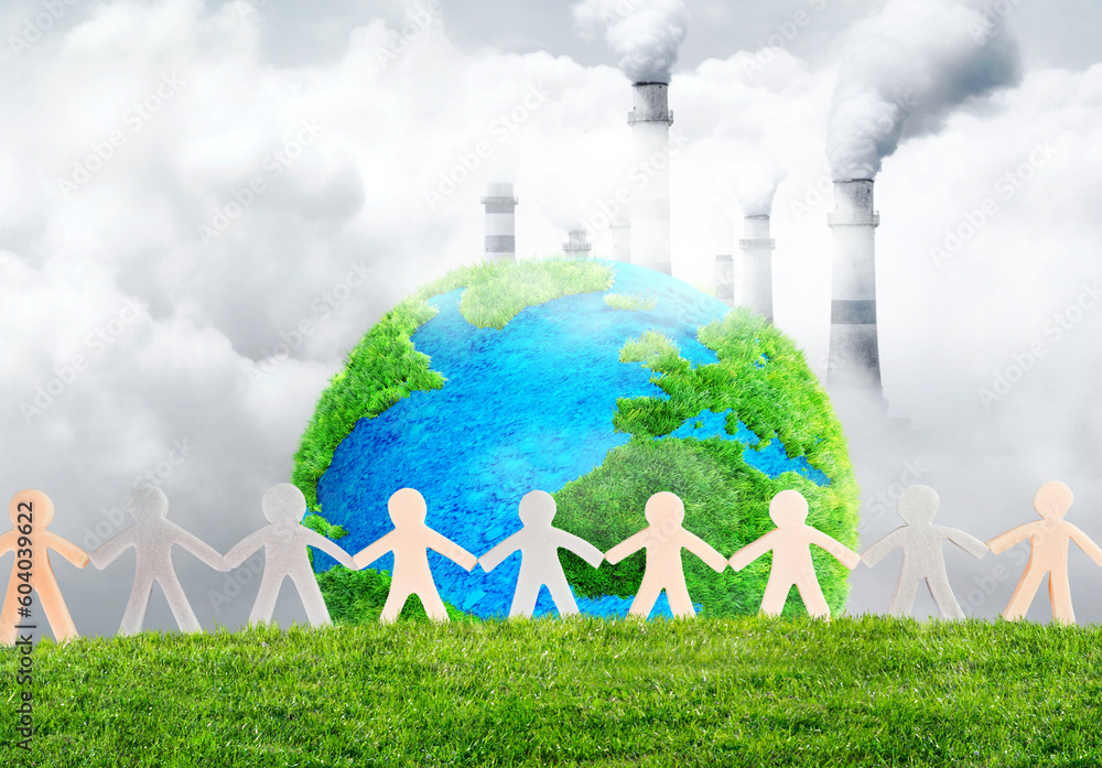 grass planet Earth with chain of people, carbon emissions and ...