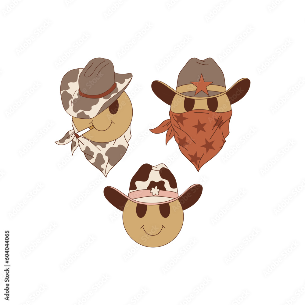 Smiling faces in cowboy hat vector illustration set. Wild West ...