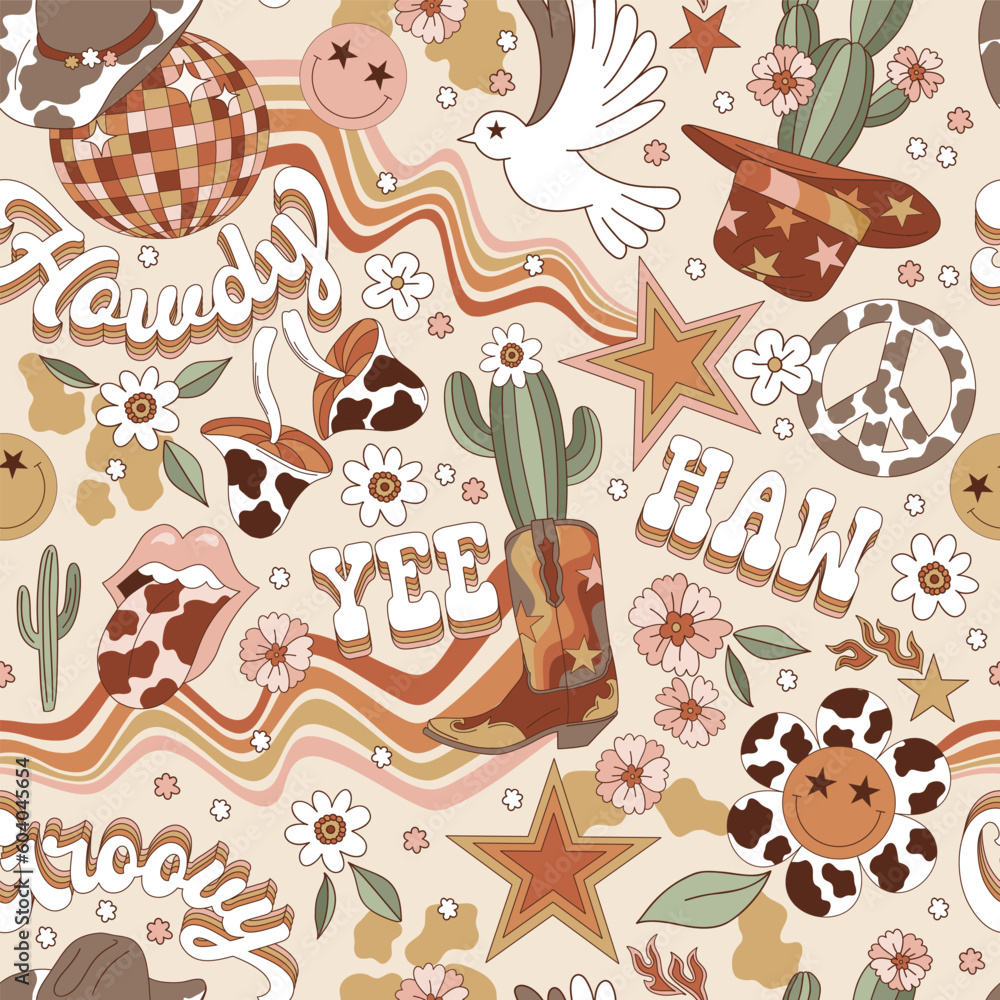 Groovy 60s 70s Western vector seamless pattern. Hippie cowboy ...