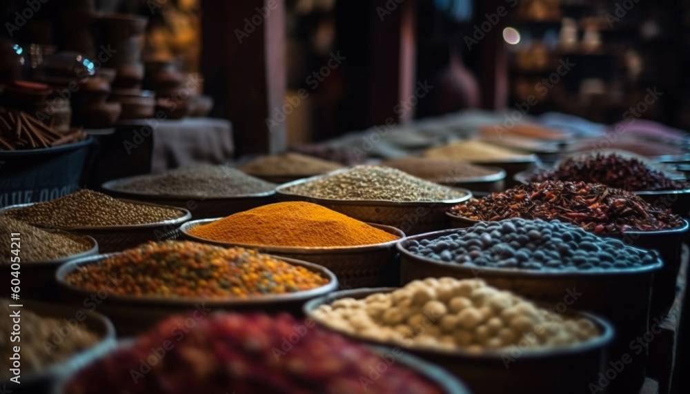 Multi colored spices in a row, selling fresh generated by AI Stock ...