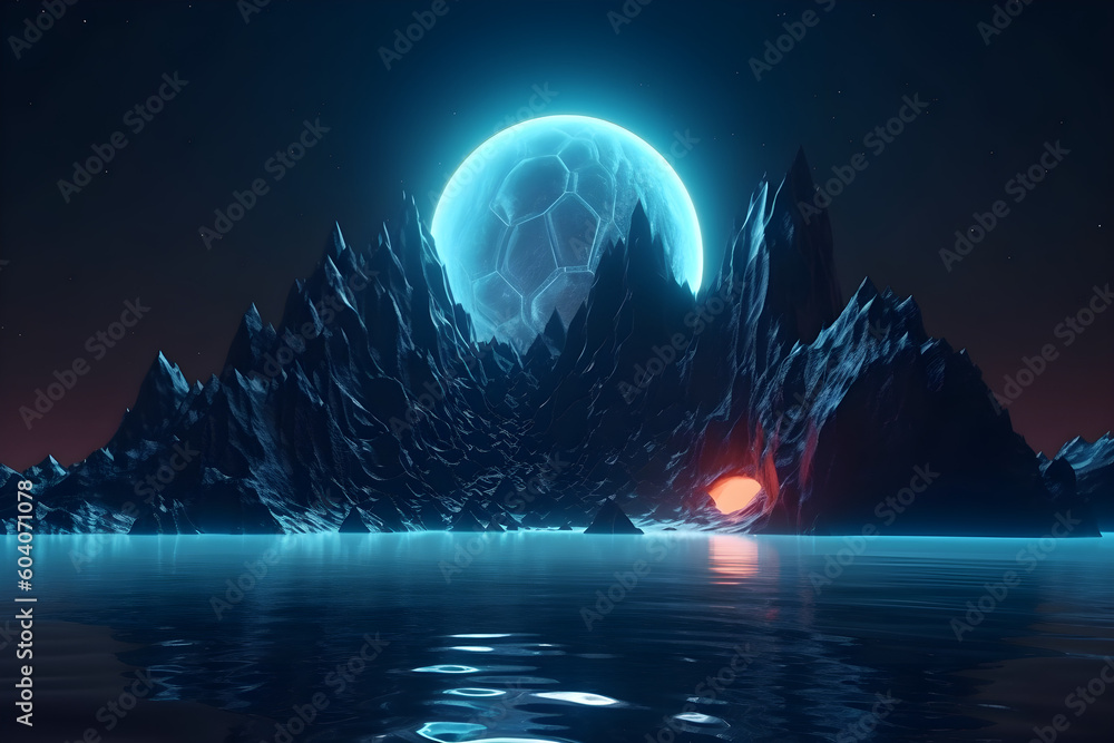 3d render, abstract futuristic background. Neon crest sign, moon symbol ...