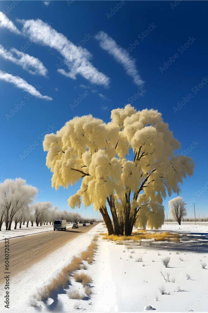 under the sun, on the snow in tarim, xinjiang, there are many rows of ...