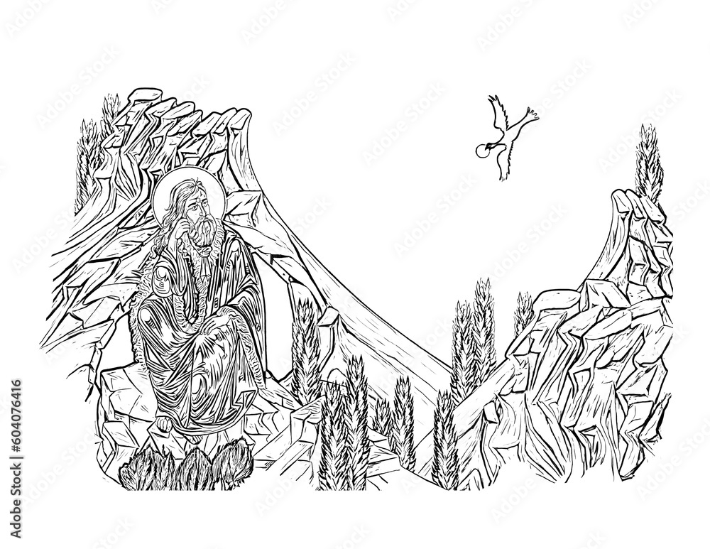 Prophet saint Elijah and raven bringing food. Miracle of the ravens ...