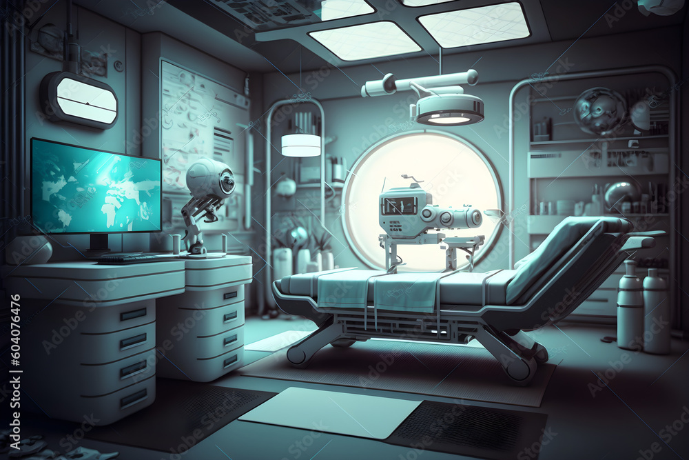 Sci fi futuristic interior of a medical bay with treatment bed and ...