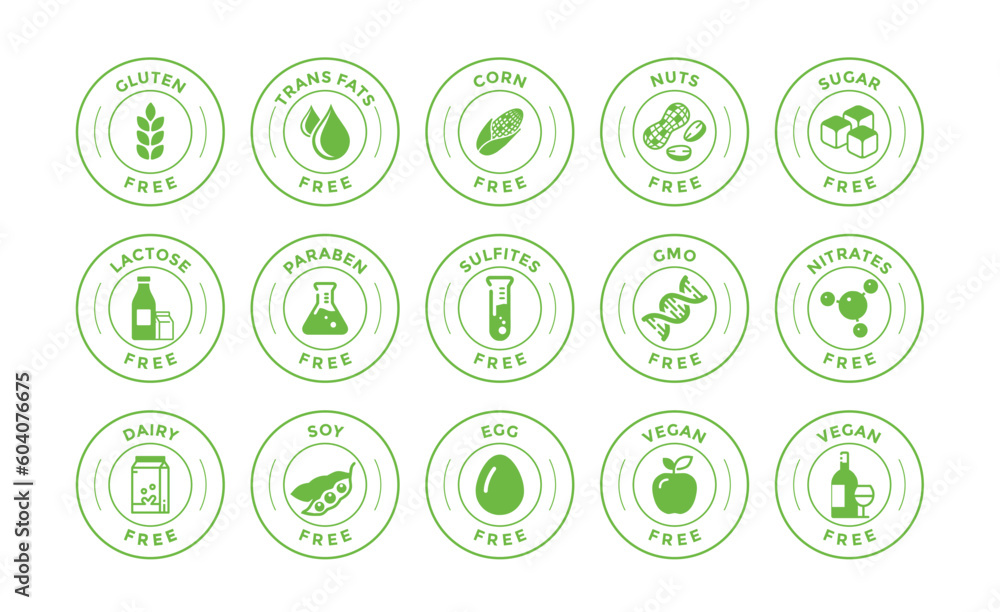 Product free allergen labels. Natural products badges. GMO free emblems ...