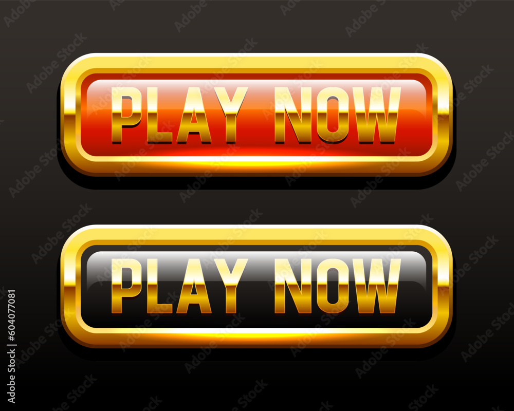 Play now. Two black and red buttons with a golden frame. Vector clipart ...