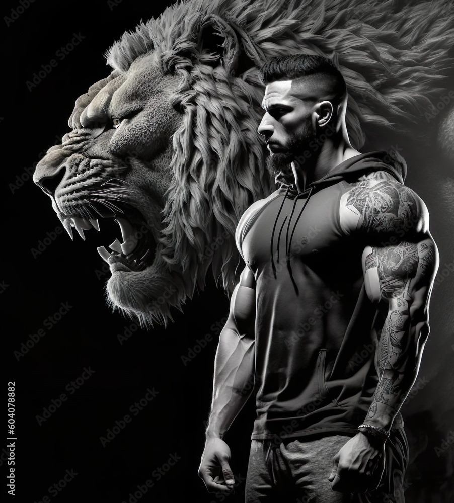 Tattoed bodybuilder with a roaring lion in the background Stock ...