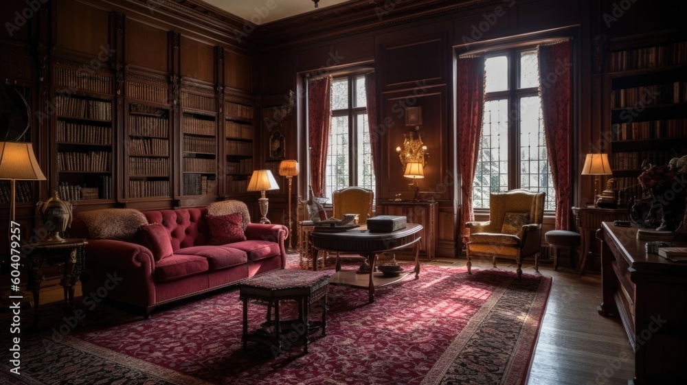 Interior design of Library in Classic style with Bookshelves decorated ...