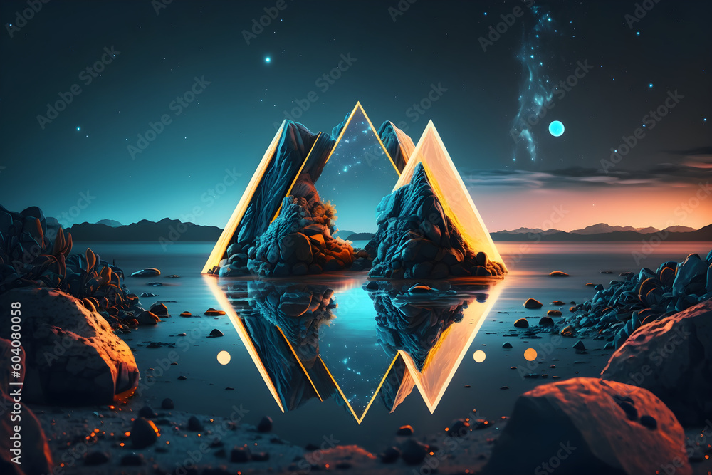 3d render, abstract neon background with triangular geometric frame and ...