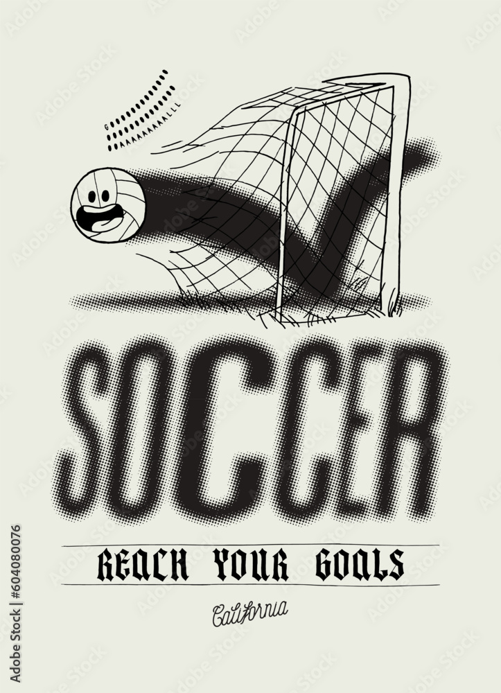 Soccer ball flying through the gate. Funny football ball with smiling ...