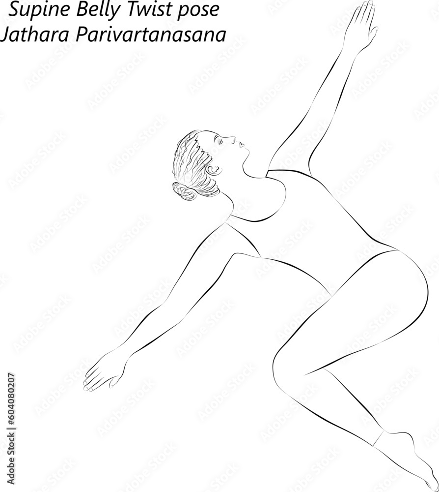Sketch of young woman practicing yoga, doing Supine Belly Twist or ...