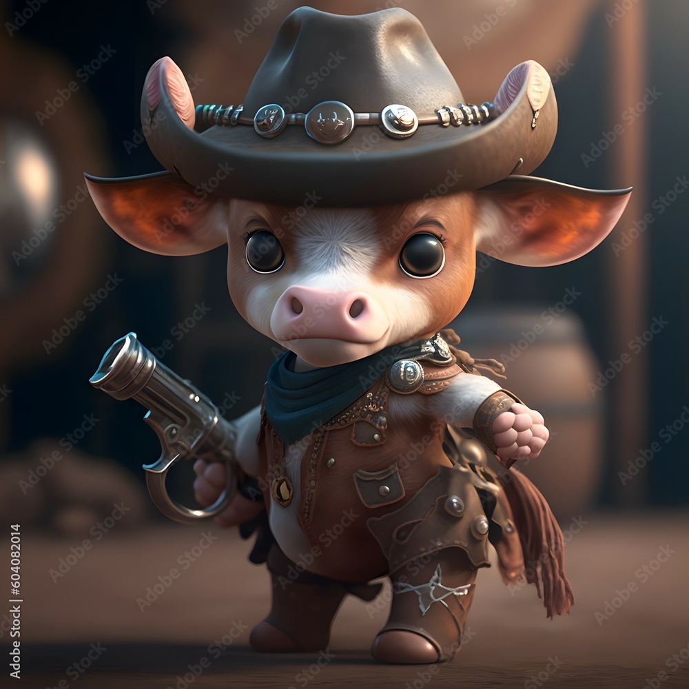 a cute and cute baby cow, wearing a western cowboy costume, elf style ...