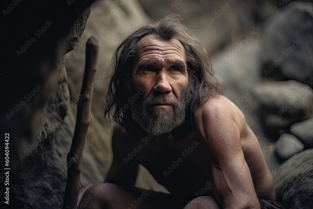 Portrait of prehistoric man in cave. Face of Neanderthal caveman with ...