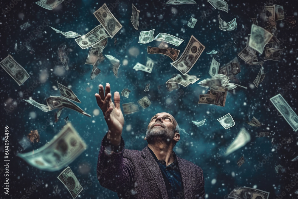 Happy successful man standing under money rain. A lot of dollar ...