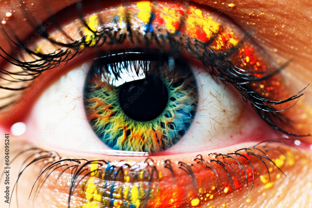 Colorful eyes rainbow eyes close up. Person's eye colored in several ...