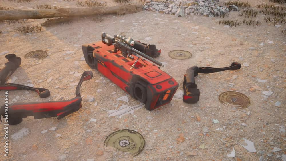 An aerial view around a burnt-out robotic AI military sniper dog, its ...