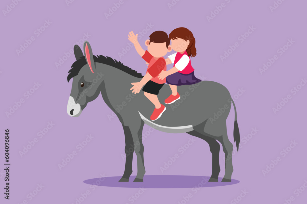 Character flat drawing of happy little boy and girl riding donkey ...