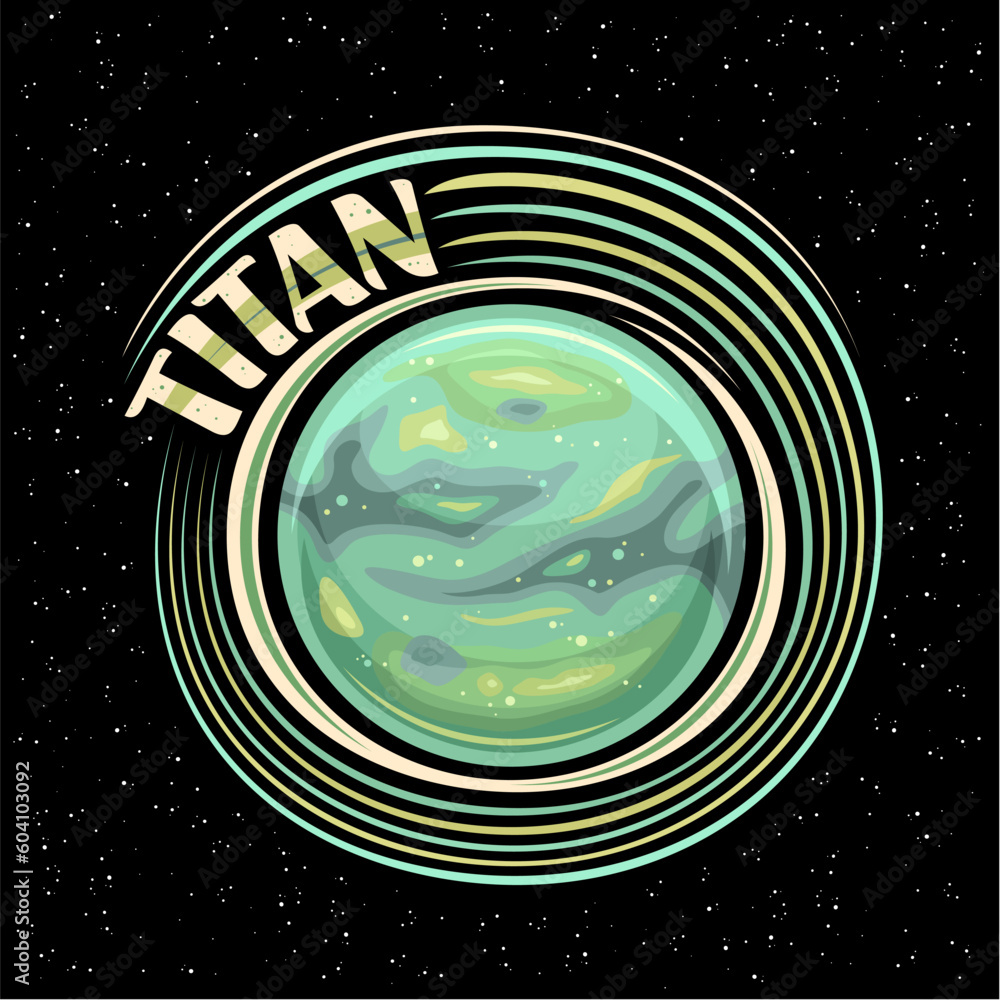 Vector logo for Titan Moon, fantasy print with rotating satellite titan ...