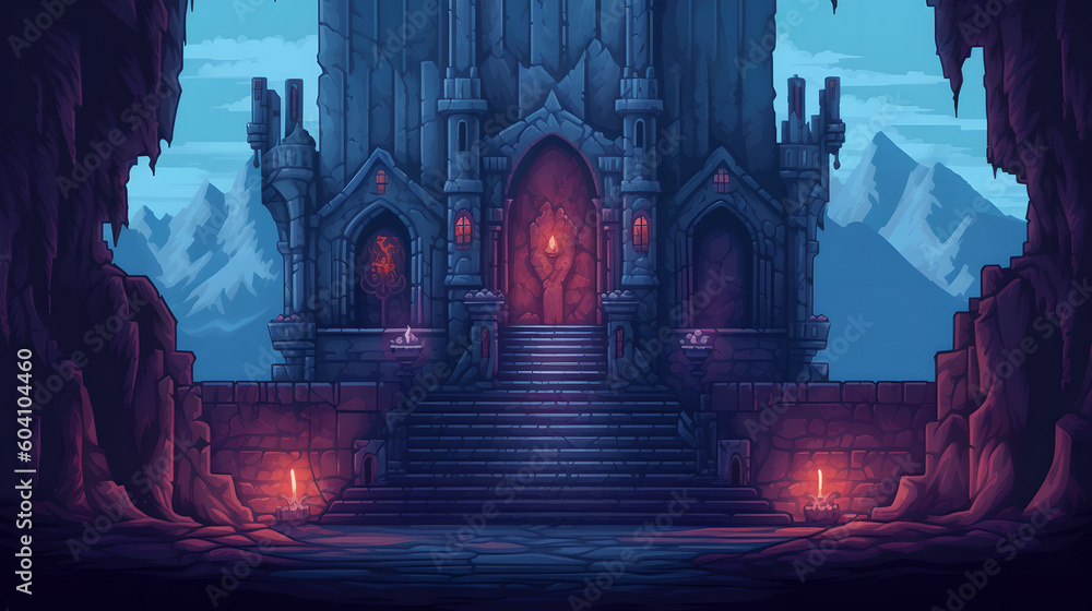 RPG Gaming Battle Scene Vampire Castle Dungeon in Pixel 8bits 16bits 32 ...