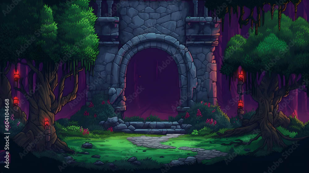 RPG Gaming Battle Scene Forest Dungeon in Pixel 8bits 16bits 32 bits ...