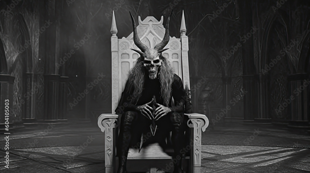 demon skeleton king with horns sitting on throne chair in black and ...