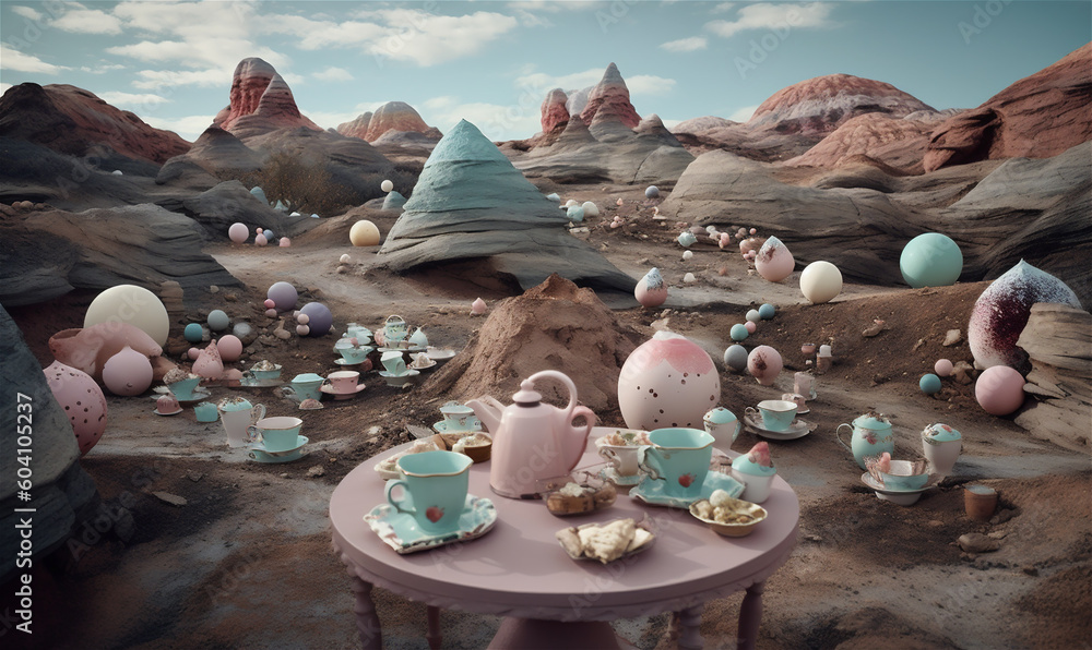 Dinner on the surface of an alien planet, a scene of futuristic fantasy ...