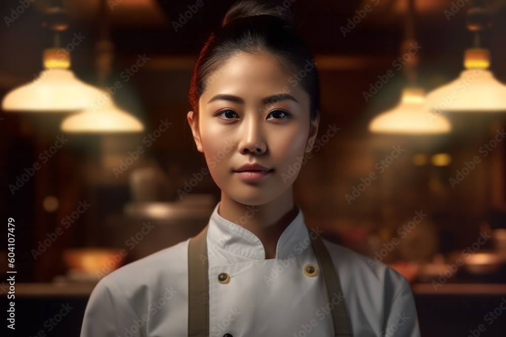 Portrait of a beautiful Asian female chef in Michelin restaurant ...