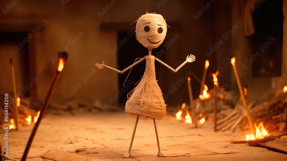 Cute little stick-figure woman made of straw, with little arms and ...