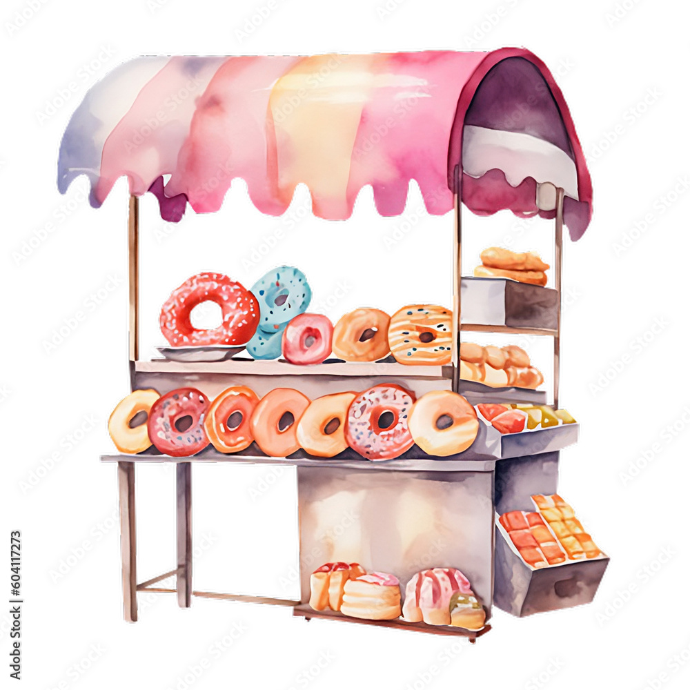 Donut Shop Building Watercolor Clipart Illustration, made with ...