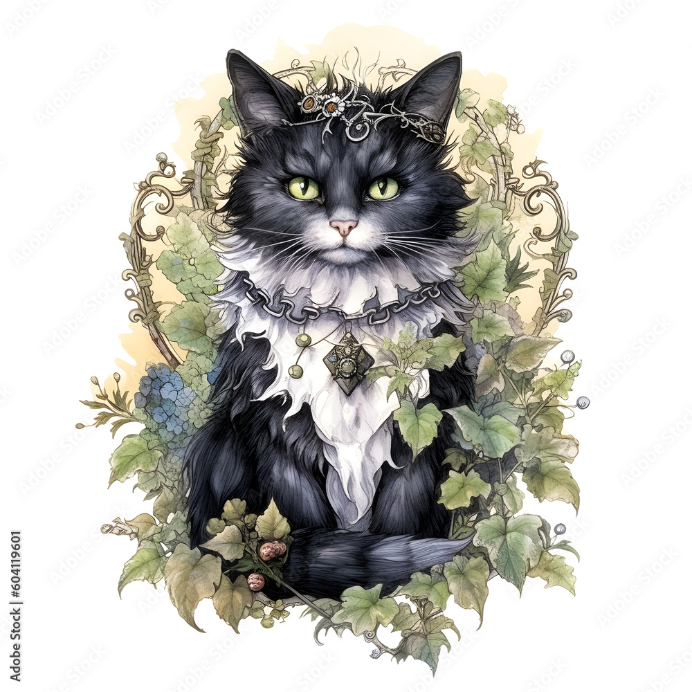 Gothic Fantasy Cat Watercolor Clipart Illustration, made with ...