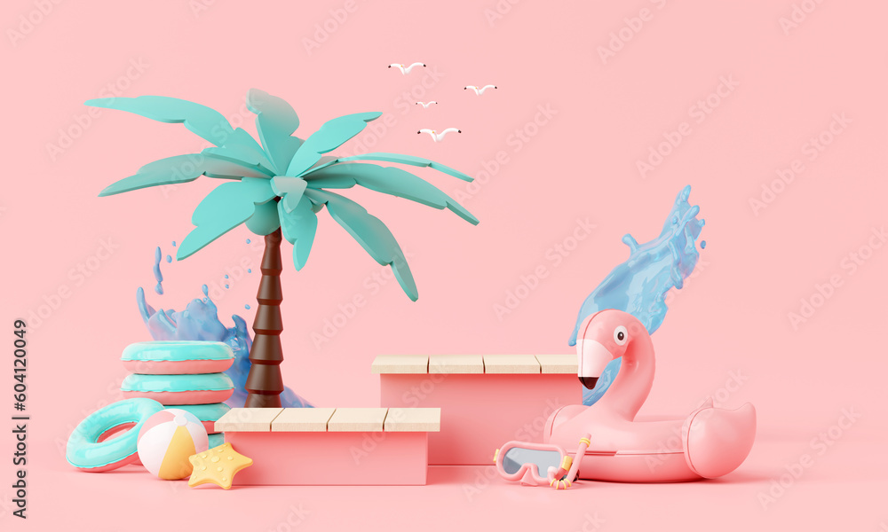 Summer pink vacation beach with Flamingo inflatable ring background ...