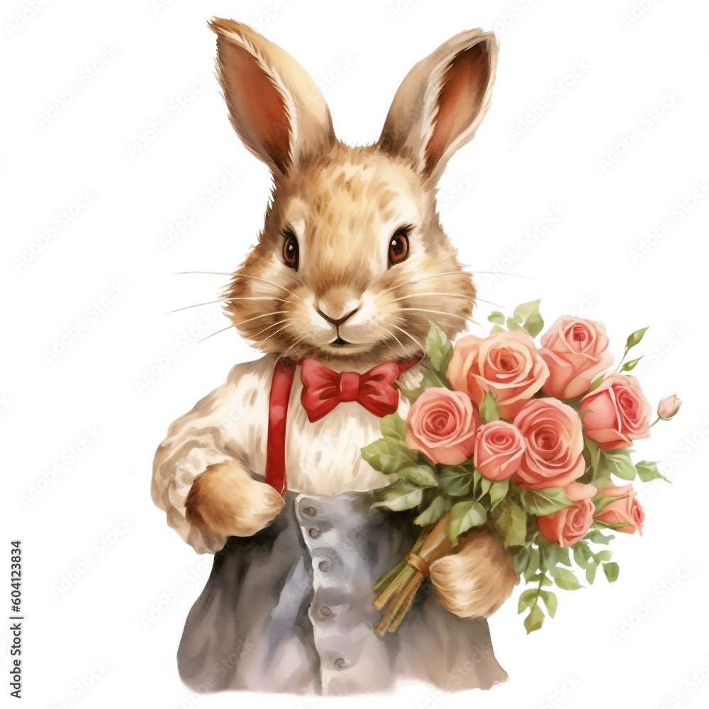 Vintage Rabbit with Roses Watercolor Clipart Illustration, made with ...